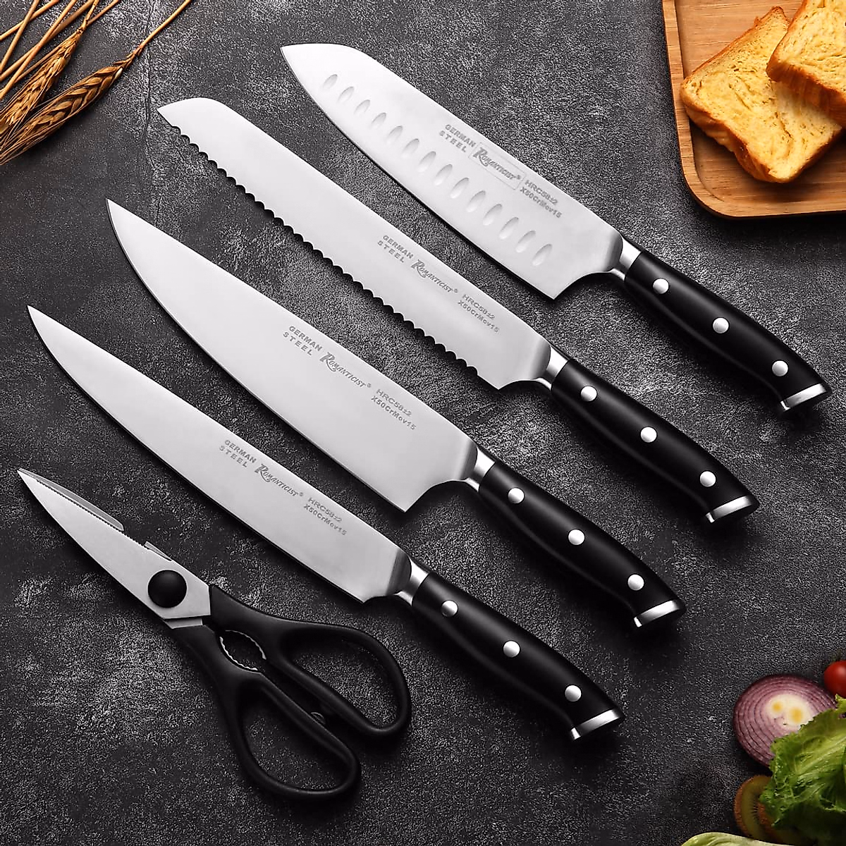 ROMANTICIST Knife Set 16-Piece Kitchen Knife Set,German Stainless Steel Sturdy Durable Kitchen Knives, Razor Sharp,Knife Set with Block,Cutting Board and Knife Sharpner Black Knife Set