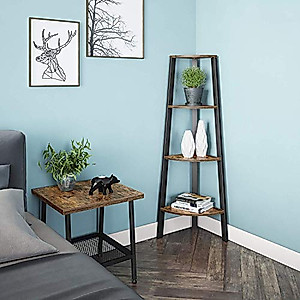 Ballucci Modern Corner Ladder Shelf, 4-Tier Corner Bookshelf Storage Rack & Plant Stand, Wood with Metal Frame - Rustic Brown