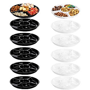 Okllen 12 Pack 5 Sectional Round Plastic Serving Tray, 12" Divided Candy Nut Serving Plate, Veggie Fruit Dish Platter Appetizer Tray for Dried Fruit, Snack, Desserts, Black & White