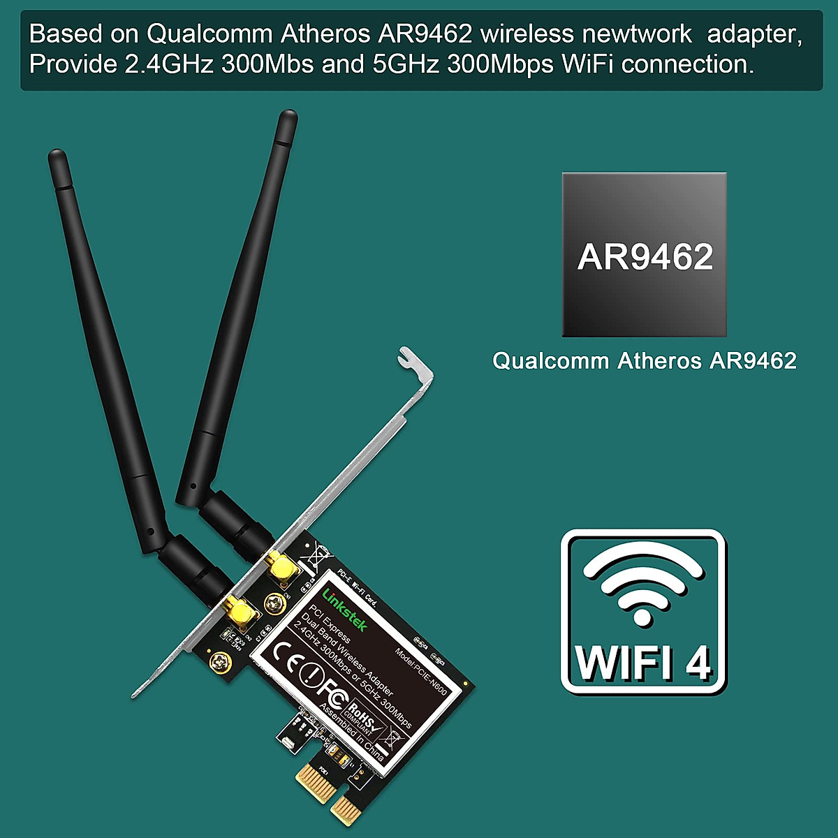 LinksTek Wireless N 600Mbps (2.4GHz 300Mbps and 5GHz 300Mbps) PCIE WiFi Adapter, PCIE WiFi Card, QUALCOMM Atheros AR946X Wireless Network Adapter for Windows 10 8.1 8 7 XP Desktop PCs (PCIE-N600)