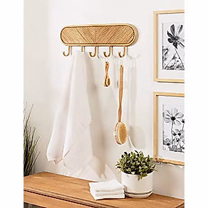 Kate and Laurel Tioga Boho Rattan Wall Mounted Coat Rack, 20 x 3 x 8, Natural Wood, Five Decorative Coat Hooks and Hat Rack with Trendy Rattan Wrapped Capsule Base for Boho Wall Decor