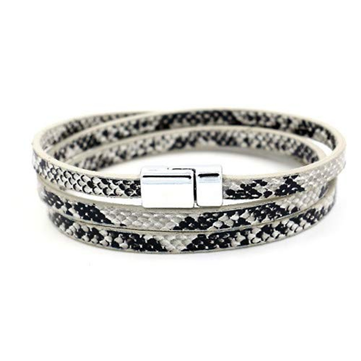 HUNO Multilayer Leopard Textured Cuff Bracelets Buckle Snakeskin PU Leather Wrap Cuff Bangle for Women-white