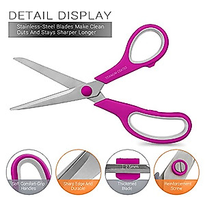 Scissors 8" Multipurpose Scissors Titanium Coated Sturdy Sharp Scissors Right/Left Handed Comfort-Grip Handles for Office Home School Sewing Fabric Craft Supplies Rose/Gray