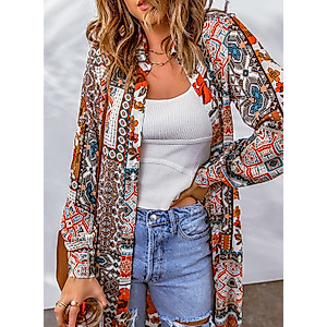 Dokotoo Womens Summer Spring Beach Boho Long Sleeve Cardigans Button-Down Bohemian Fashion Geometric Floral Kimonos for Women Brown XX-Large