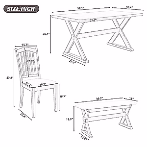 HAUSHECK Rectangular Table with X-Frame Legs, Upholstered Bench & Chair with Hollowed Backrests, Padded Cushion, Modern Rustic Style Home Furniture, Kitchen & Dining Room Sets for 6, Gray