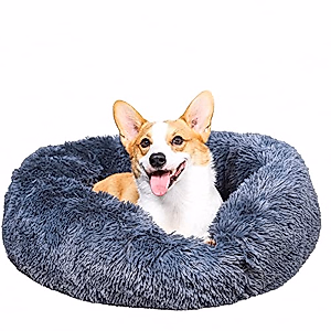 Calming Dog Bed & Cat Bed, 23" Anti-Anxiety Donut Dog Cuddler Bed, Warming Cozy Soft Dog Round Bed, Fluffy Faux Fur Plush Dog Cat Cushion Bed for Small Medium Dogs and Cats