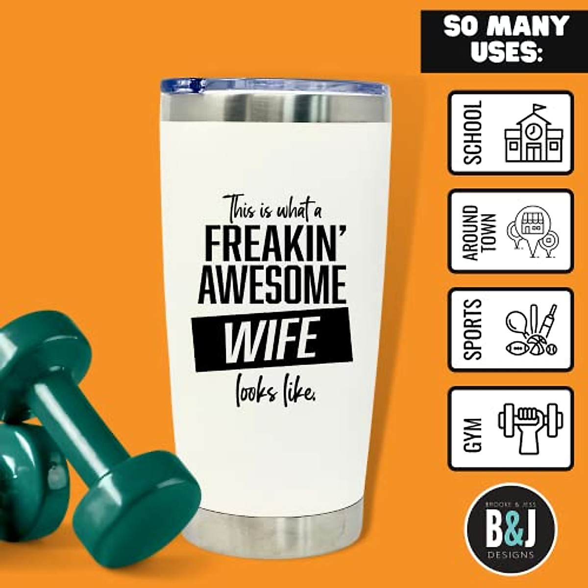 Brooke & Jess Designs Funny Gift for Wife from Husband - Awesome Wife Cup Tumbler Coffee Mug - Great Travel Cup Gifts for Wives from Husbands, Birthday Presents for Her
