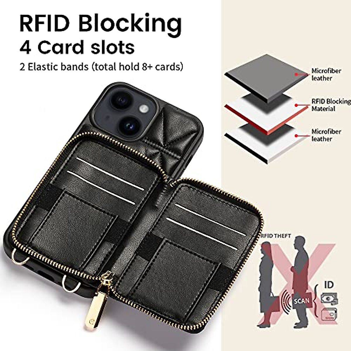 CUSTYPE Compatible with Phone 14 Plus Case Wallet with Card Holder,360 Rotation Ring [Two-Way Stand],Leather Zipper Wallet Case with Crossbody Strap for iPhone 14 Plus,6.7 Inch,Black