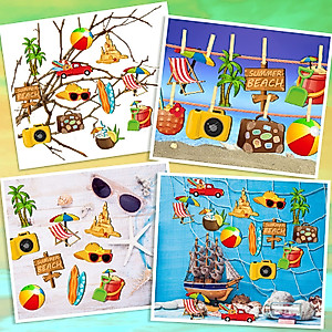 36 Pcs Summer Wood Hanging Ornaments Summer Ornaments for Tree Summer Tree Decorations Hawaiian Beach Wooden Pendant Decorations with String for Luau Party Supplies (Beach)