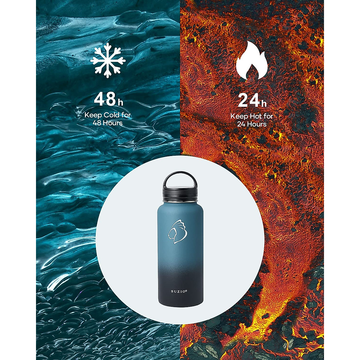 BUZIO 32oz Insulated Stainless Steel Water Bottle with Straw Lid, Spout Lid, Hand Lid and Carrying Pouch, Double Wall Water Bottle, Leakproof BPA Free Water Falsk Travel Thermo, Indigo Crush