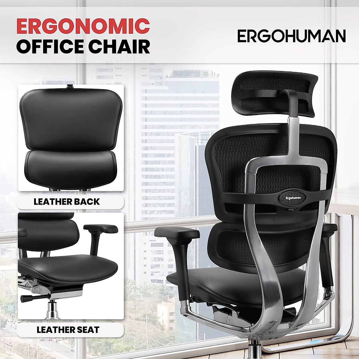 Ergohuman Eurotech LE9ERG Executive High Back Leather Swivel Chair - Office Chair with Tilt Tension Control, Tilt Lock, Back Angle & Height, Synchro Tilt, Seat Height & Depth, & Arm Height Adjustments