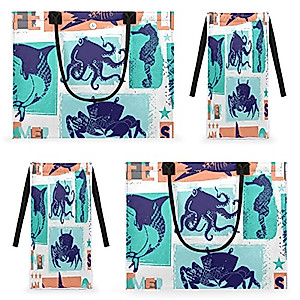 Dolphin Crab Reusable Grocery Shopping Bag with Hard Bottom, Ocean Animal Printing Large Foldable Multipurpose Heavy Duty Tote with Zipper Pockets, Stands Upright, Durable and Eco Friendly, Beach Bag