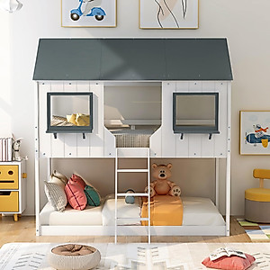 House Bunk Bed Twin Over Twin Kids Bunk Bed Wood Frame with Roof, Window, Safety Guardrails and Ladder, for Girls Boys- White