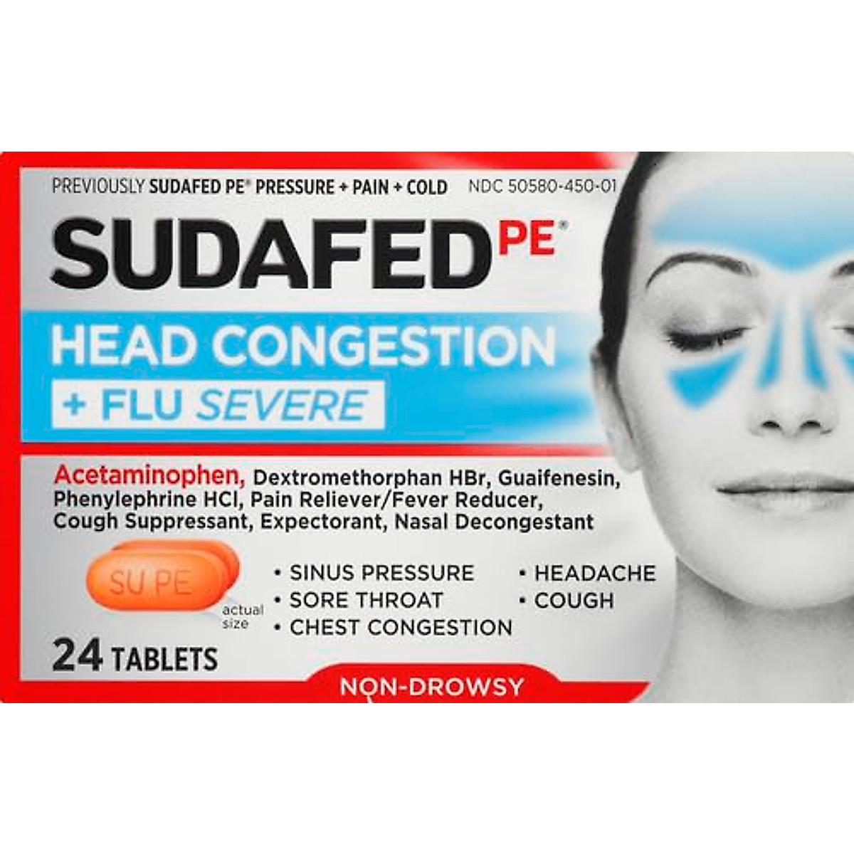 Sudafed PE Head Congestion + Flu Severe Decongestant Tablets for Adults, 24 ct
