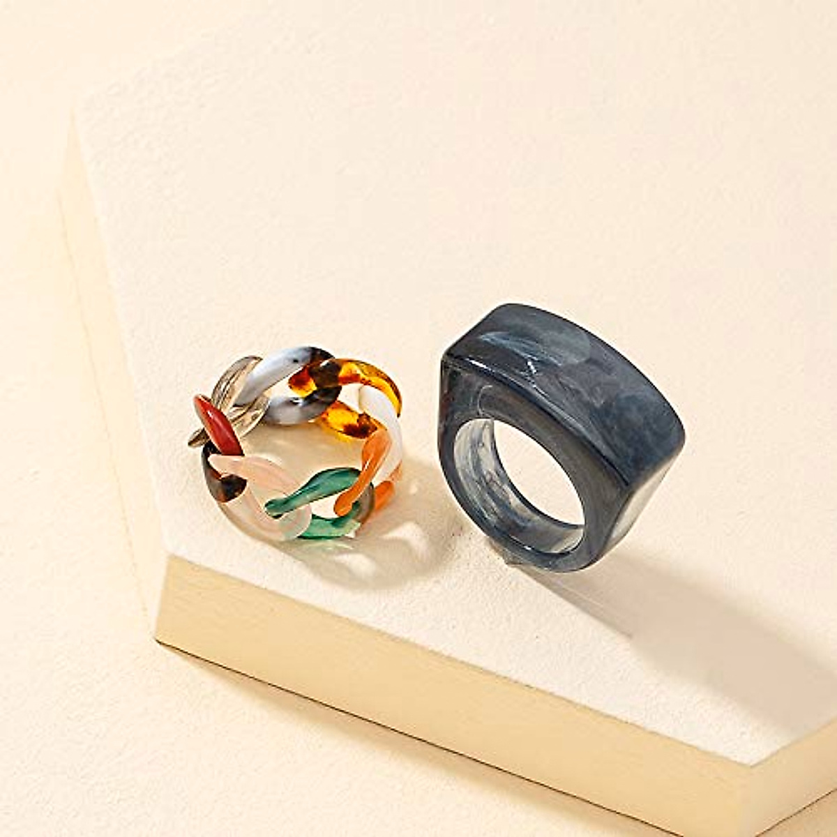 2/3Pcs Retro Thick Resin Transparent Acrylic Chunky Wide Face Unique Square Dome Knuckle Ring Colorful Chain Stackable Statement Finger Band Ring for Women Jewelry Festival Gifts-B black