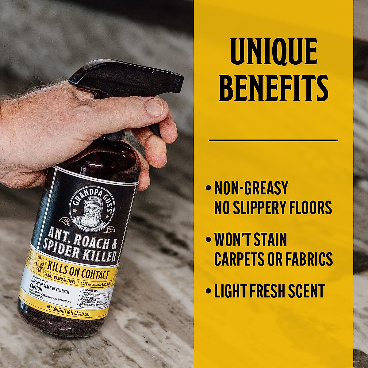 Grandpa Gus's Natural Ant, Roach & Spider Killer Spray, Plant-Based Actives Kill Insects & Bugs On Contact, Non-Greasy, Not Flammable, No Stains, Fresh Scent, 16 oz