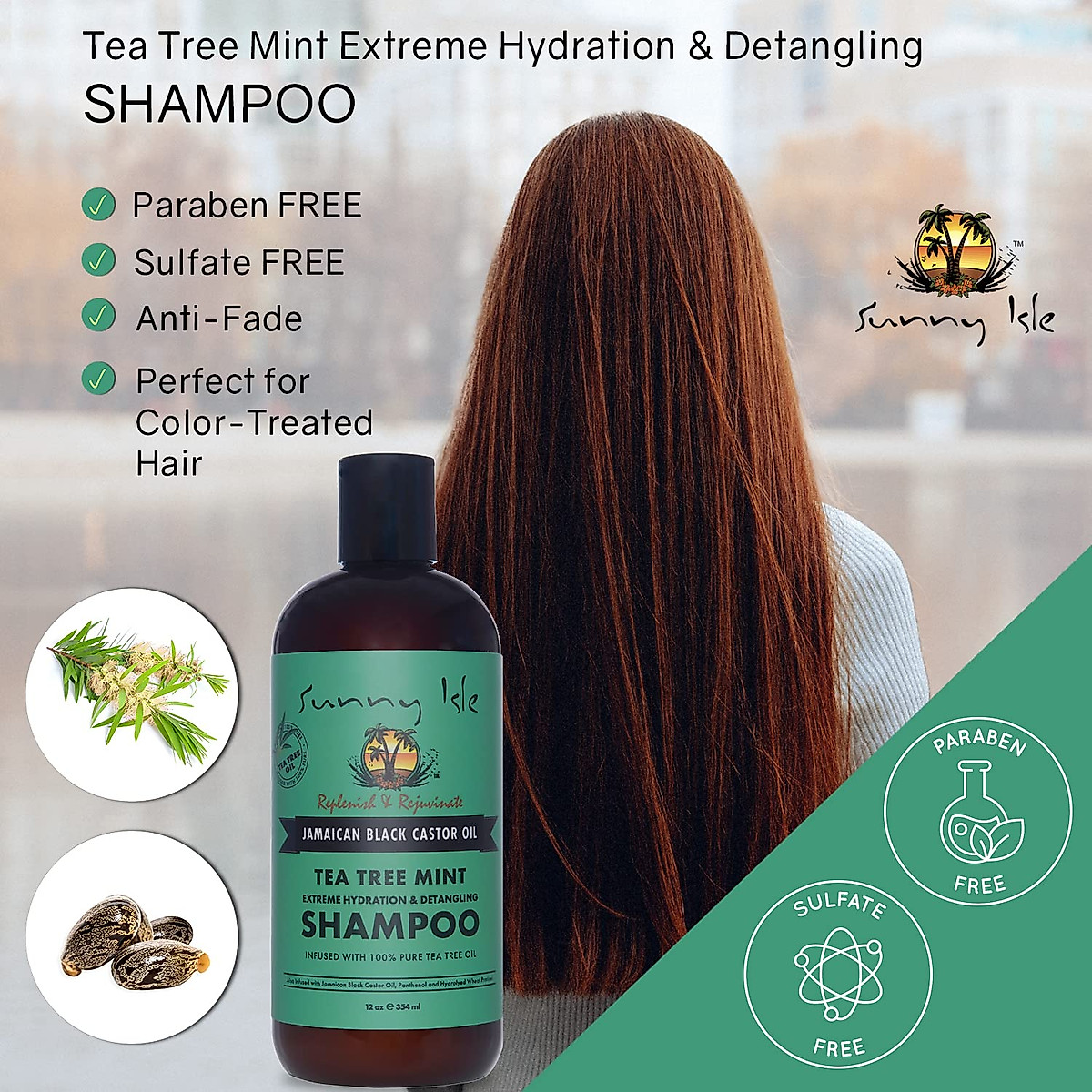 Sunny Isle Jamaican Black Castor Oil Tea Tree Mint Shampoo 12oz | Extreme Hydration & Detangling | Hair Growth & Itchy Scalp