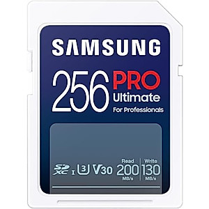 SAMSUNG PRO Ultimate Full Size 256GB SDXC Memory Card, Up to 200 MB/s, 4K UHD, UHS-I, C10, U3, V30, A2, for DSLR, Mirrorless Cameras, PCs, MB-SY256S/AM
