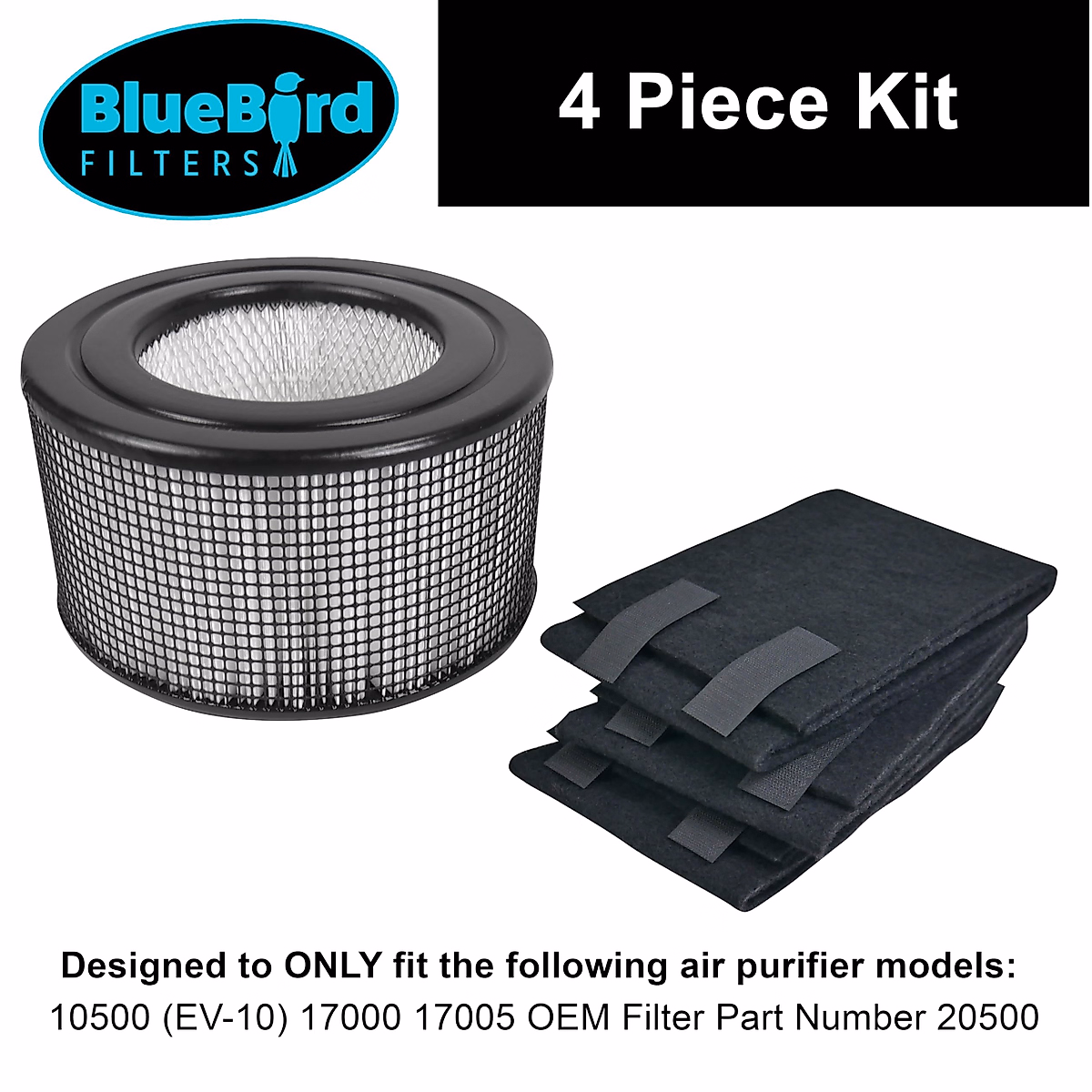 BlueBird Filters Replacement HEPA Filter & Carbon Pre Filter Kit For Honeywell 10500 (EV-10) 17000 17000-S 17005 OEM Part Number 20500 (1 HEPA + 3 Carbon Pre-Filter)