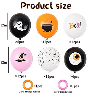 60Pcs Halloween Balloons Set- 12" Halloween Pink Orange Black White Latex Balloons Print with Ghost Boo Bat Witch Hat for Halloween Baby Shower Kids Halloween Birthday Party Favor Decor Supplies