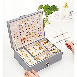 QBestry Stud Earring Organizer for Women Girls Gray Jewelry Box for Earrings Necklace Jewelry Organizer,Girls Earring Box for Womens Necklace Holder Rings Organizer Bracelet Earring Storage Case,Grey