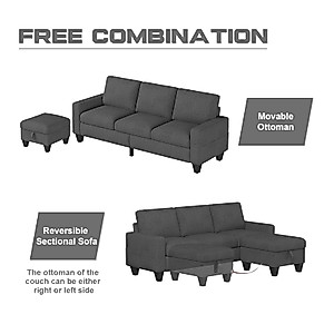 Dark Grey Convertible Sectional Sofa Couch,3 Seat L Shaped Sofa Couch with Storage Reversible Ottoman and Pockets, Modern Linen Upholstered Sofa Furniture Sets for Living Room Bedroom Small Space