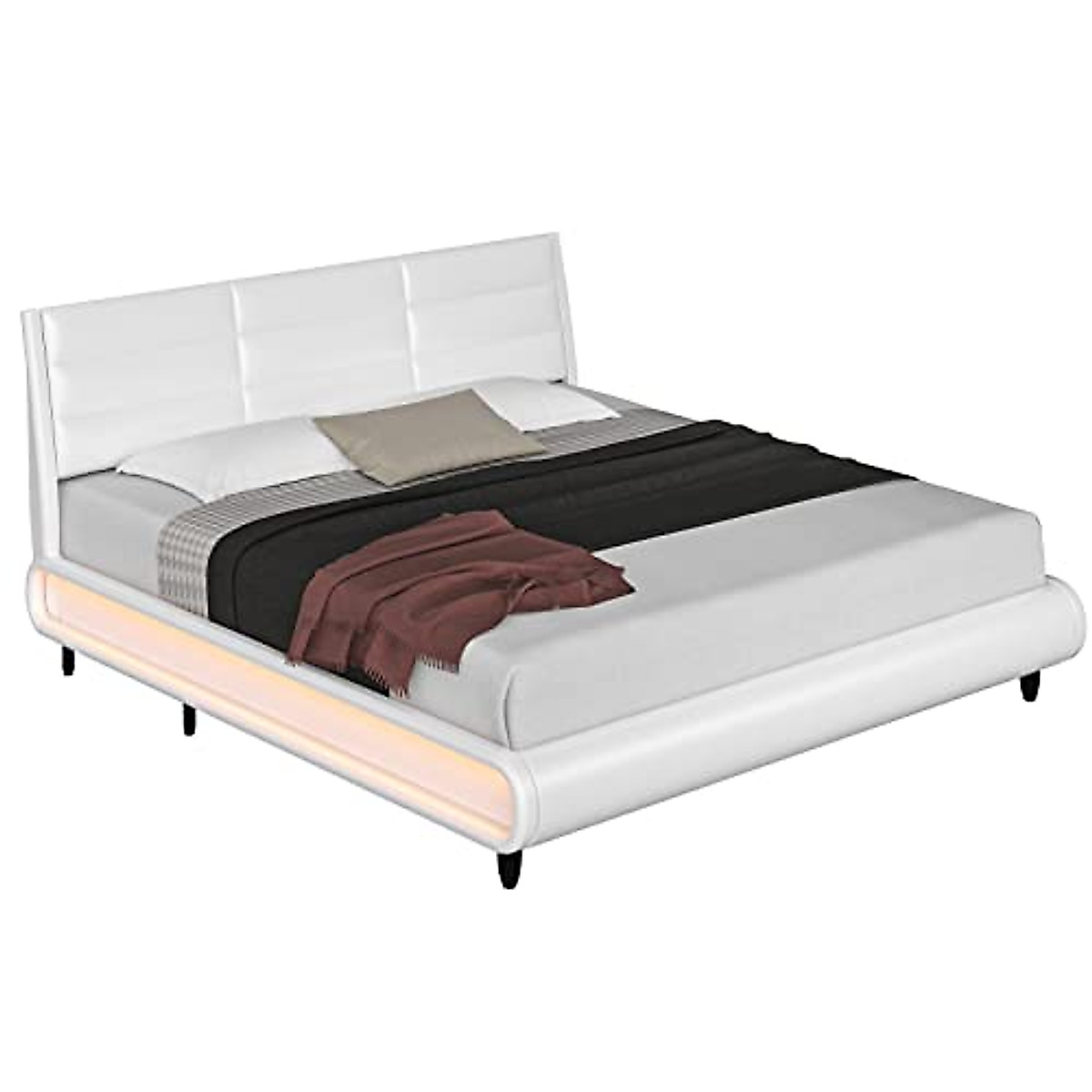 HOSTACK King Size Upholstered Bed Frame with Smart LED, PU Low Profile Sleigh Platform Bed with Adjustable Headboard, Modern Mattress Foundation with Wood Slats, Lights Sync with Music (White, King)