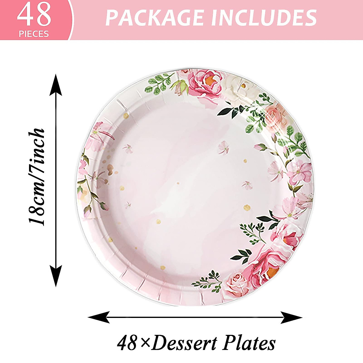 gisgfim 48 Pcs Floral Paper Plates 7" Pink Girls’ Birthday Party Disposable Dessert Plates Supplies Decorations Tea Party Plates Tableware for Wedding Baby Shower