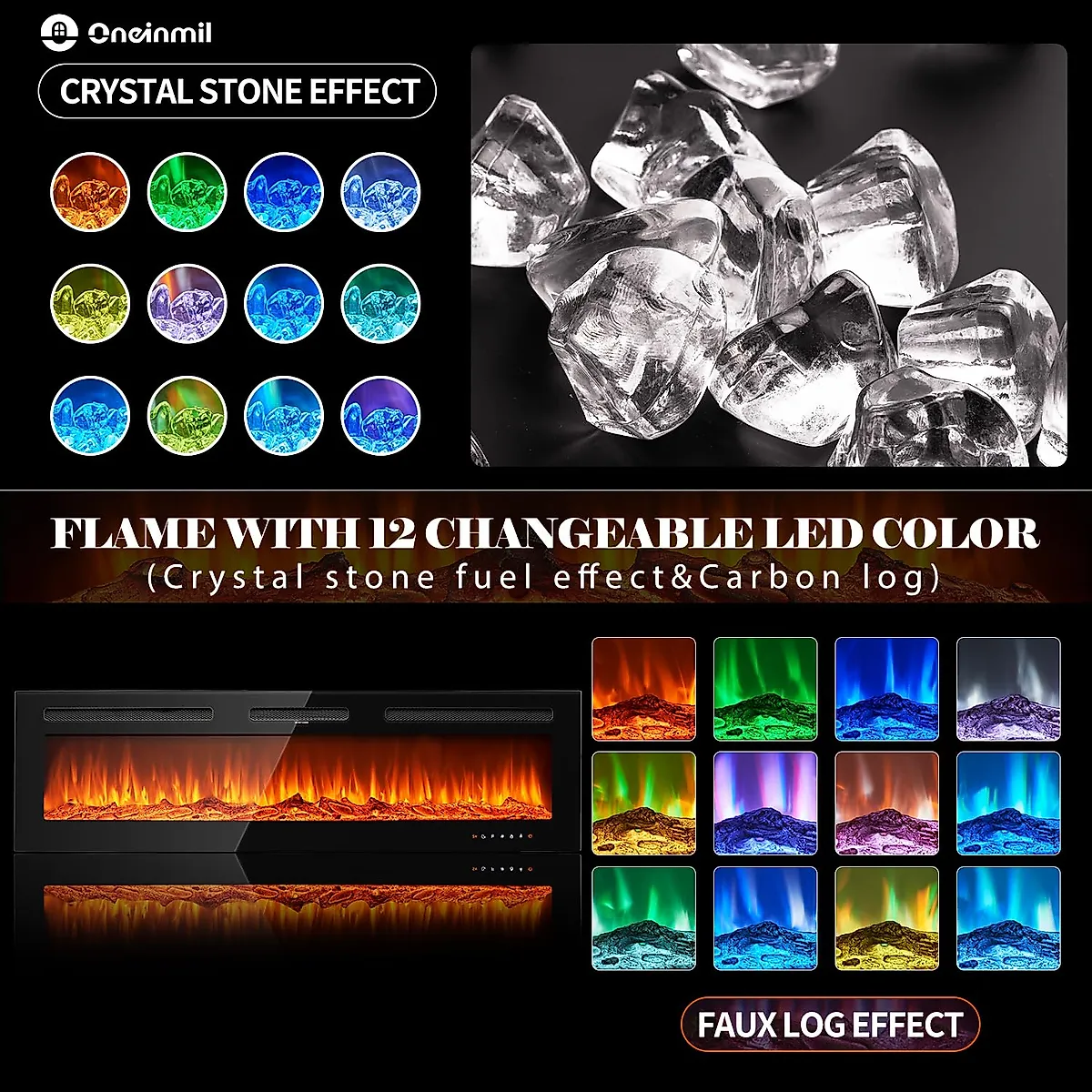 oneinmil Electric Fireplace, 60 inch Wide Recessed and Wall Mounted Electric Fireplace, 750W/1500W, 12 Color Flame, Remote Control, Log Set & Crystal