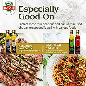 Basso, Garlic, Rosemary, Basil, Chili Pepper, 4 bottles x 8.5 fl.oz (250ml), Naturally Infused Flavored Extra Virgin Olive Oil for Dipping & Tasting, 4 pk Gift Set (Gift Box Included), All Natural, Great Corporate Gift,