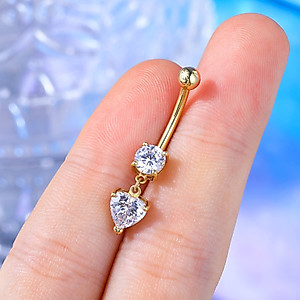 CM Crareesi Mania 14K Gold Belly Rings for Women Dangle CZ Belly Button Rings 14K Solid Yellow Gold Belly Button Piercing Jewelry 14G Heart Navel Piercing Jewelry