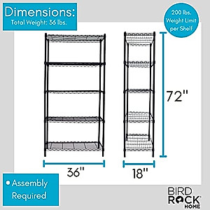BIRDROCK HOME 5-Tier Wire Shelving, Flat Black, Heavy Duty Shelf, Wide Adjustable Rack Unit, Kitchen Storage
