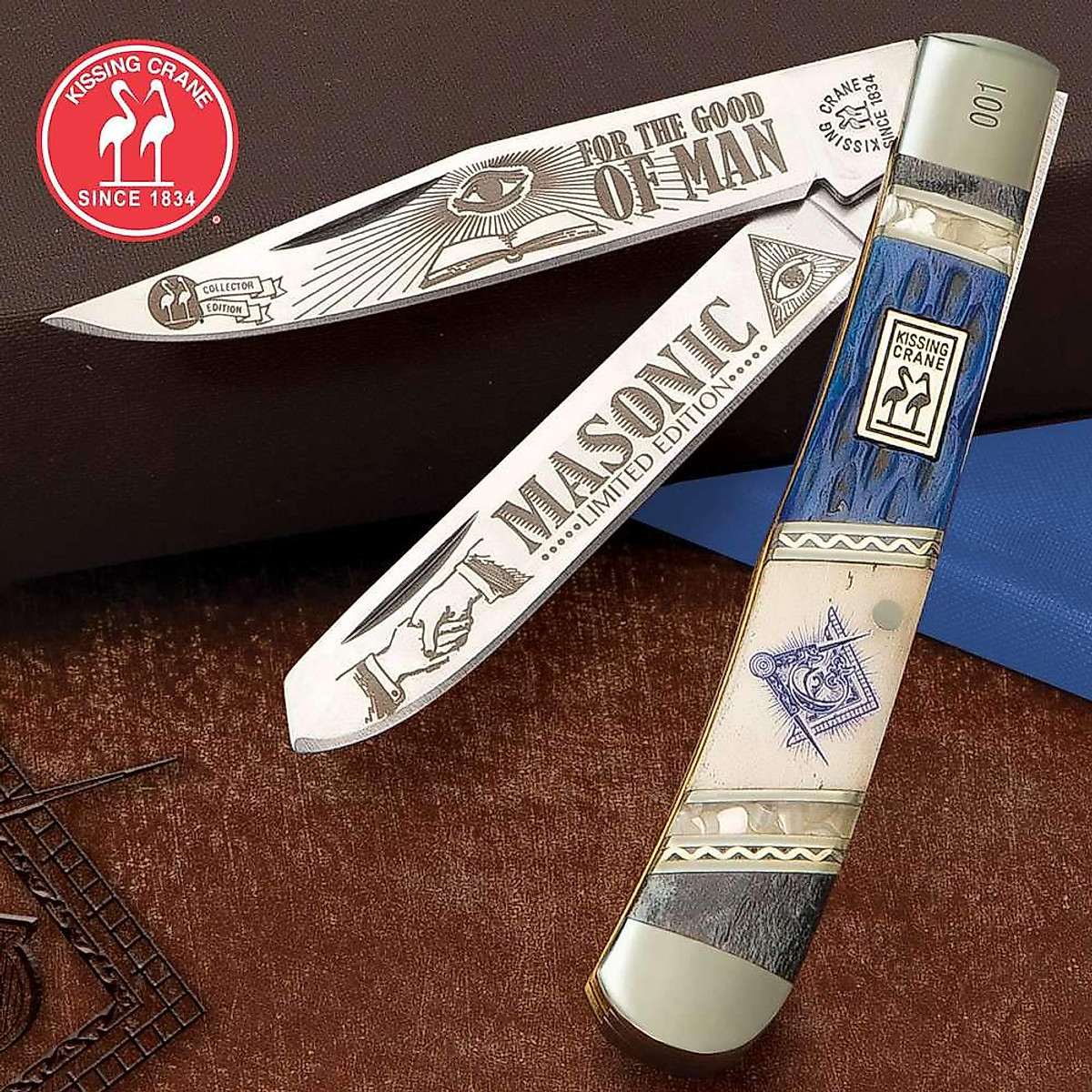 KISSING CRANE Trapper Knife - Masonic | Pocket Knife for Men | 4" Length When Closed | Mason Themed Etchings Heritage | Stainless Steel Blades| Heirloom Quality