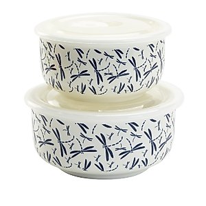 Grace Teaware Pantry Nested Porcelain Storage Bowls With Vented Lids, Large and Medium 2-Piece Set, (Dragonflies Dark Blue)