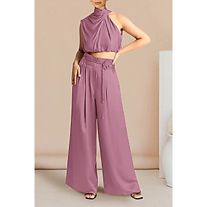 PRETTYGARDEN Women's 2 Piece Outfits 2025 Summer Casual Sleeveless Mock Neck Crop Tops Wide Leg Pants Set (Pink,X-Large)