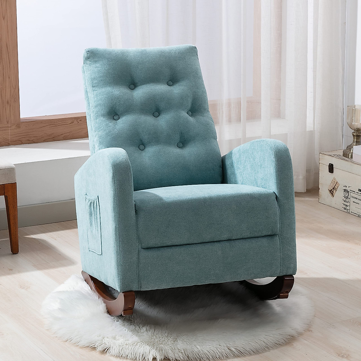 Rocking Chair Glider Chair for Nursery Comfortable Rocker Fabric Padded Seat with Side Pocket Upholstered Rocking Chairs with High Back for Living Room Baby Kids Room Bedroom (Mint Green)