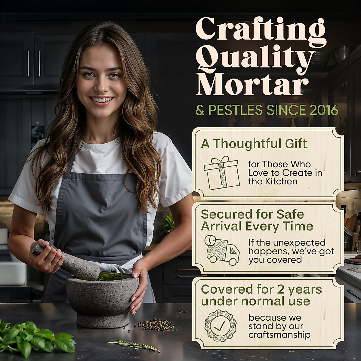 ChefSofi Mortar and Pestle Set - 6 Inch - 2 Cup Capacity - Unpolished Heavy Granite for Enhanced Performance and Organic Appearance - Included: Anti-Scratch Protector + Italian Recipes EBook