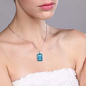 Gem Stone King 925 Silver Swiss Blue Topaz and White Topaz Pendant Necklace For Women (9.72 Cttw, Gemstone November Birthstone, Emerald Cut 14X10MM, with 18 Inch Silver Chain)