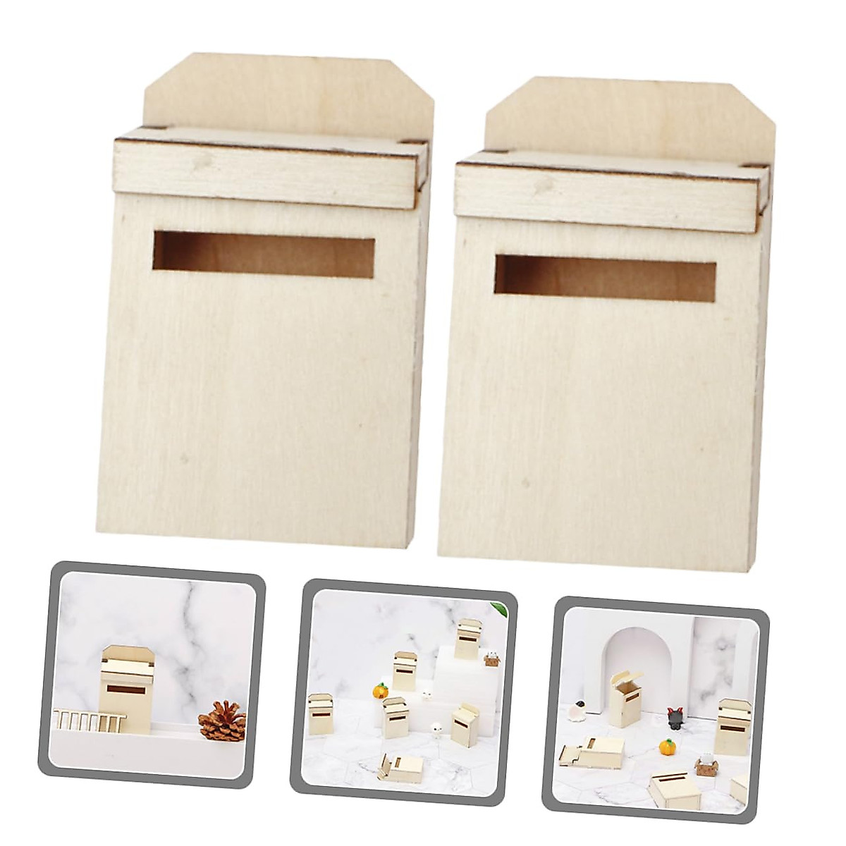 Gogogmee 2pcs Mini House Mailbox Decor Wood Beige Mini Mailbox Decor Tiny Mailbox Decor Mini House Furniture Model