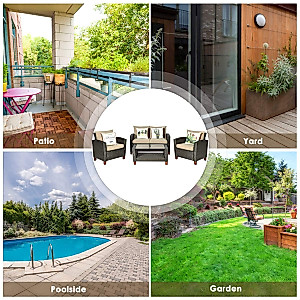 HAPPYGRILL 4 Pieces Patio Conversation Set Outdoor Rattan Wicker Furniture Set Sectional Wicker Sofa Chair & Coffee Table Set for Porch Poolside Backyard