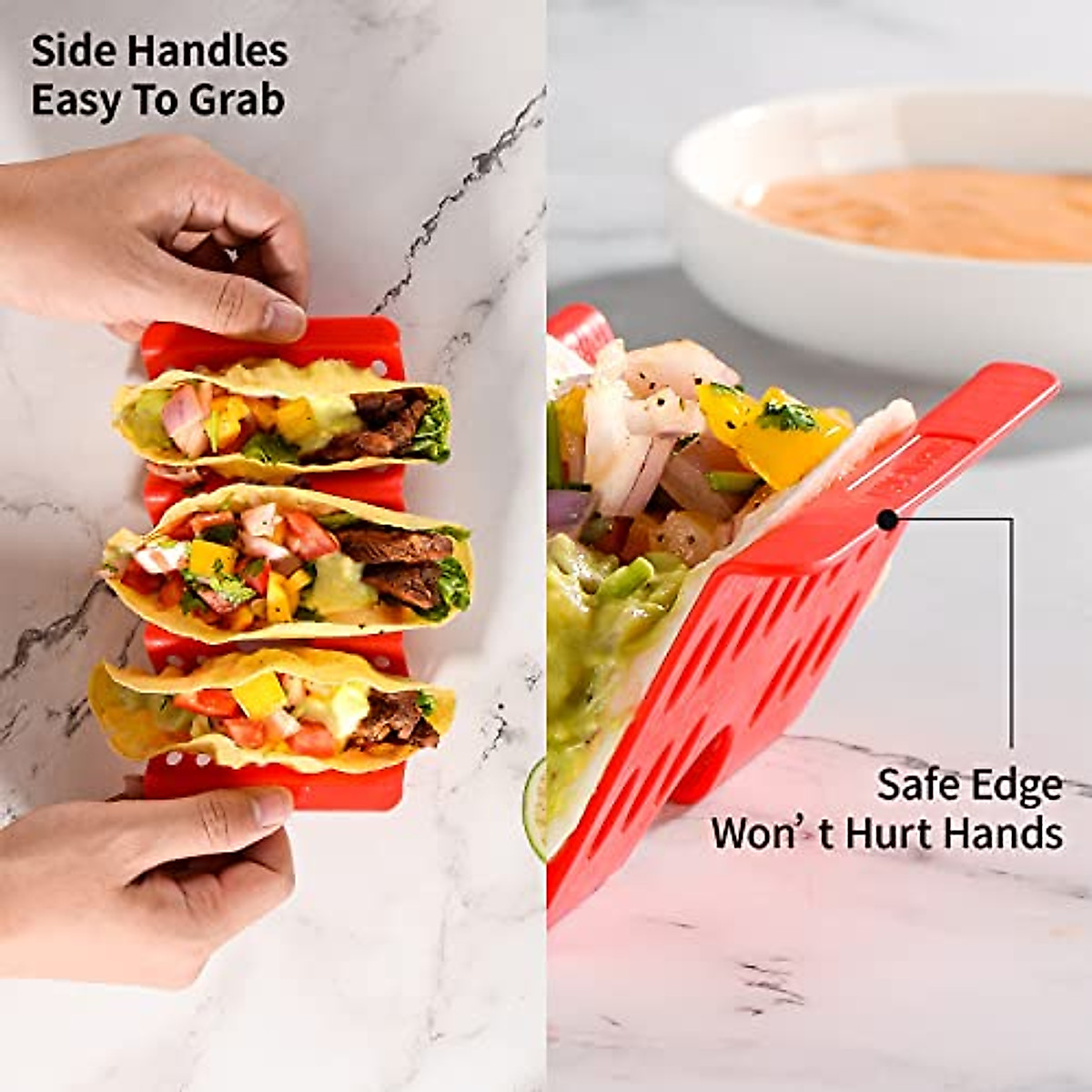 Premium Large Taco Holder Stand, Colorful Taco Holders Set of 6 or 4, Taco Stands for 3 Tacos, Soft or Hard Taco Shell Holder, Street Taco Rack, Taco Tray Plates, BPA Free, Dishwasher&Microwave Safe