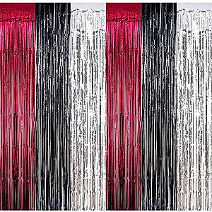 HappyField Burgundy Black Silver Foil Fringe Curtains for Bridal Shower Baby Shower Wedding Gender Reveal Maroon Black Silver Birthday Party Decorations Maroon Graduation Party Decorations 2023
