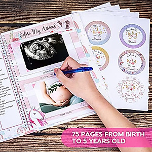 Kemella Kreations My Memory Book with Keepsake Box, Baby Milestone Stickers, Photo Corners & Footprint Kit, Unicorn Design - Baby First Five Years, Scrapbook, Journal, Photo Album for Newborn to 5 Years, Girl