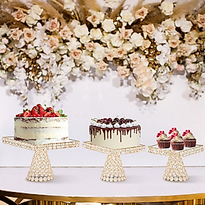 3 Piece Crystal Cake Stands, Gold Round Crystal Cupcake Stand with Square Tray Present Dessert Stands for Wedding Brithday Party Celebration Dessert Display(3Pcs/ Gold Square)