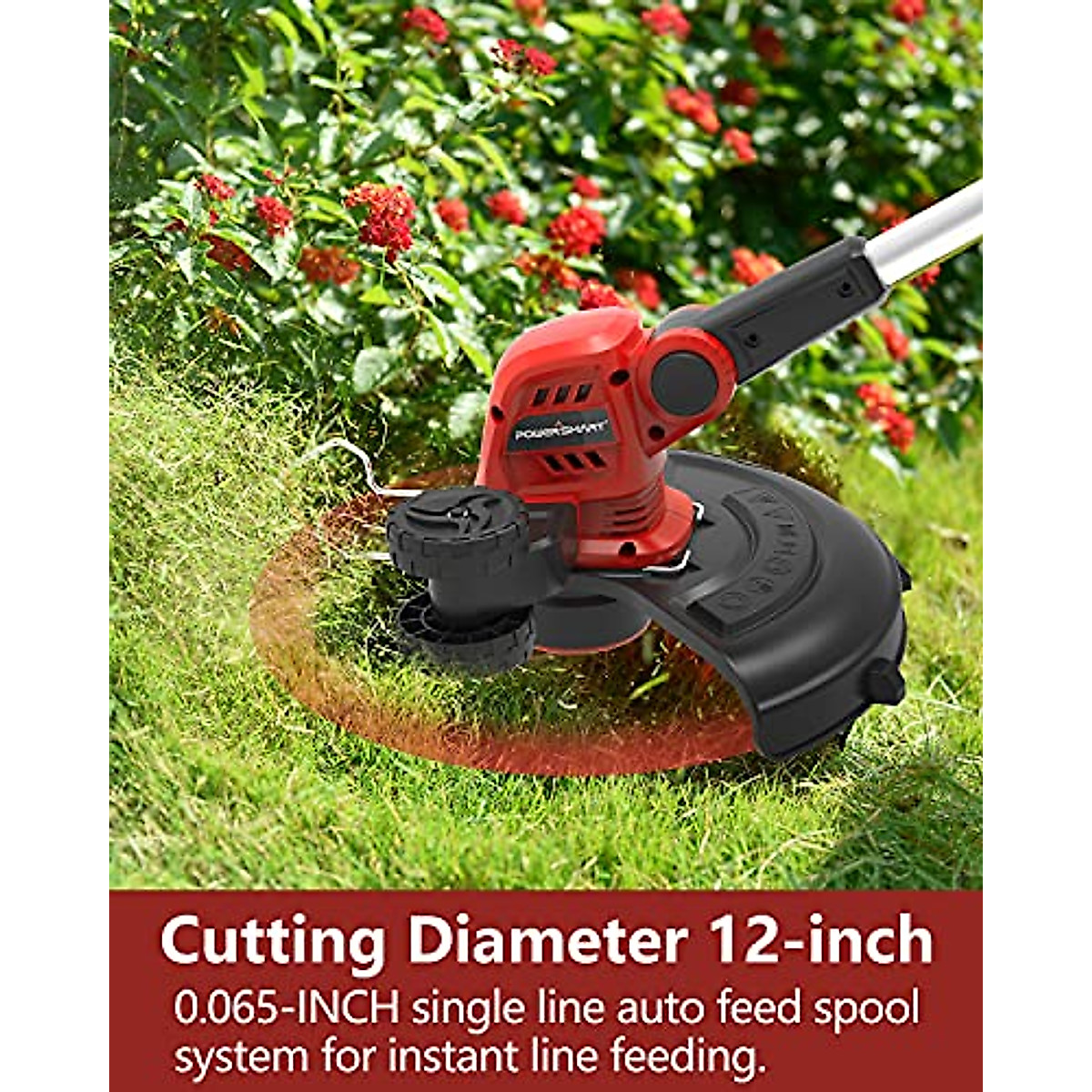 PowerSmart 20V Li-Ion Cordless String Trimmer, One Battery-Auto Feed Thread Trimmer, 12 INCH Cutting Diameter, Height Adjustable Cordless Edger Trimmer Included A Fast Charger and Two Battery