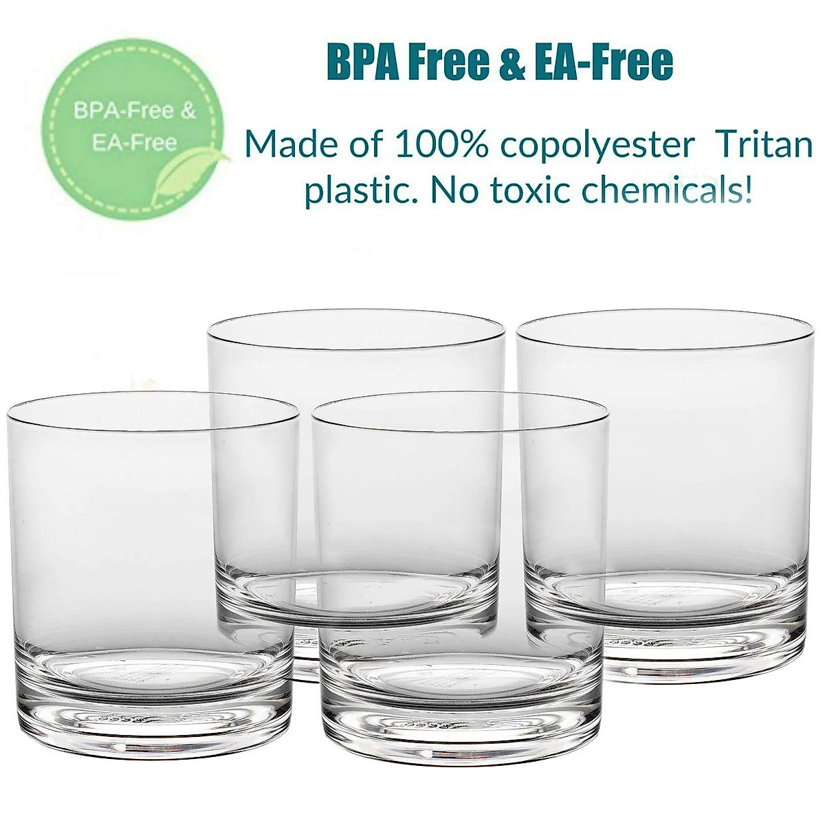 PartyProof Unbreakable Cocktail Tumbler Drinking Glasses 12oz Whiskey or Scotch Glass Reusable Tritan Shatterproof Plastic, Set of 4, Dishwasher Safe, Outdoors Drinkware Camping Cups