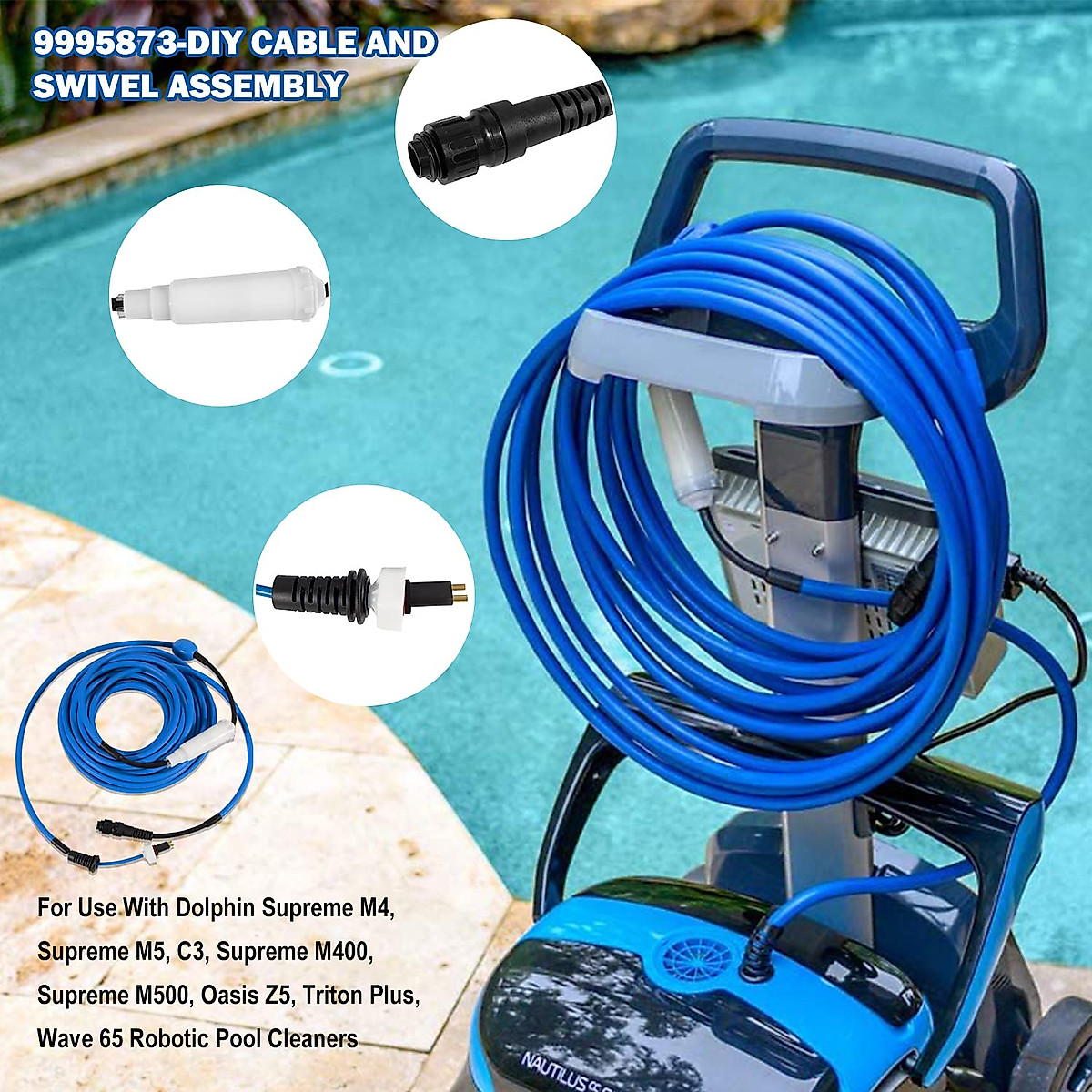 9995873 DIY Cable 3 Wire Assy w/Swivel, Pool Cleaner Parts Replacement 3 Pin Swivel Cord Fit for Dolphin Supreme M4 M5 C3 M400 M500, Oasis Z5, Triton Plus, Wave 65, With Remote Control or Bluetooth