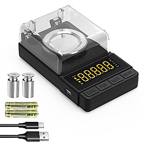 Reloading Scale 50 x 0.001g High Precision Gem Scale Supplement Powder Scale Milligram Includes 20g Calibration Weight, 2 Scoops, 4 Weighing Powder Pans Tweezers Read in Grain Gram Carat DWT oz ozt