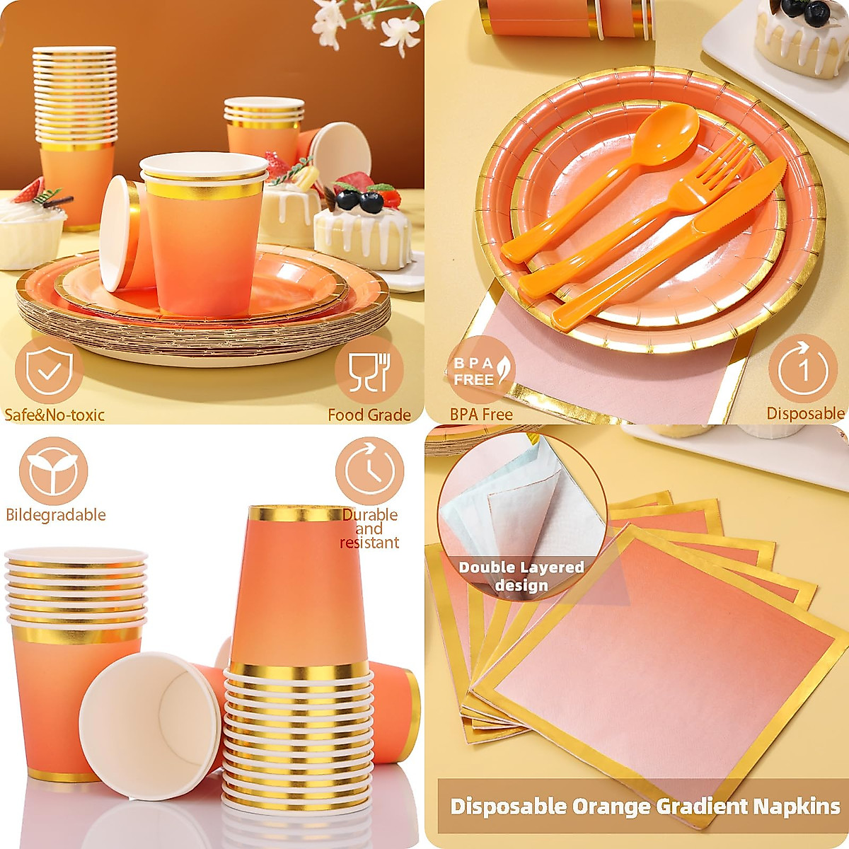 Gudvilla Orange Party Decorations, 168Pcs Orange Paper Plates and Napkins Party Supplies, Fall Paper Plates Serve 24, for Birthday Graduation Fall Thanksgving