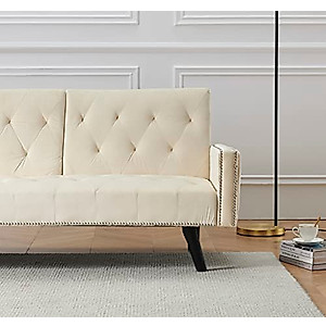 Livavege 72" Convertible Futon Sofa Bed Sleeper Daybed, Velvet Upholstered Folding Loveseat Sofabed Recliner, 3 Seaters Couches with Two Cup Holders for Living Room, Office, Aparment, 72 INCH, Beige